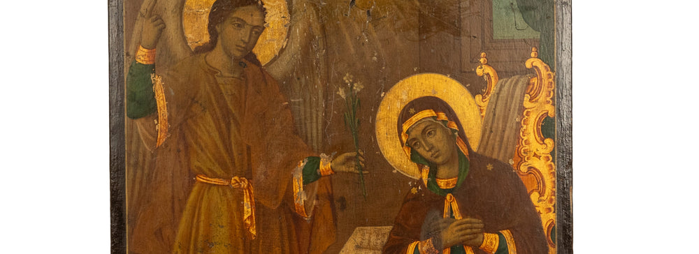 Antique Greek Orthodox Icon "The Annunciation of Mary" Egg Tempera Gil ...