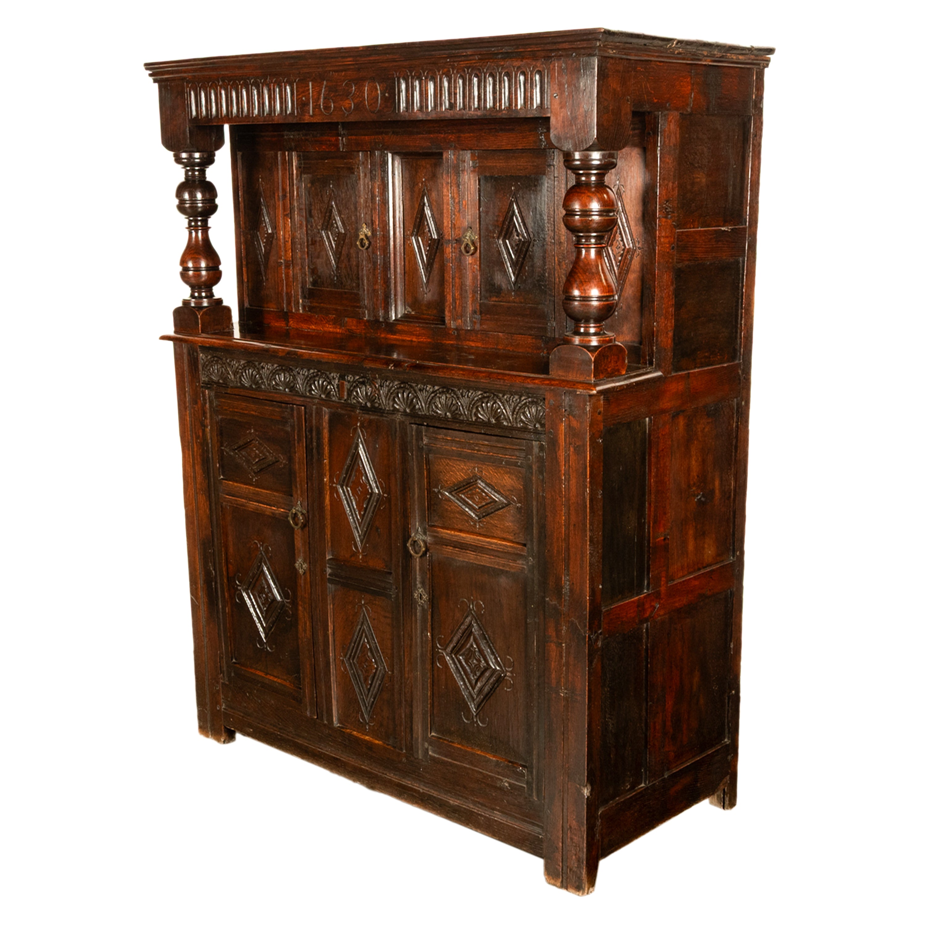 Antique English 17th Century Jacobean Charles I Carved Oak Court Cupbo ...