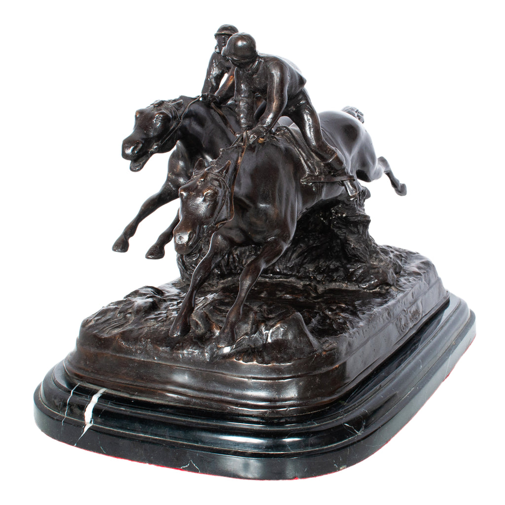 Antique French 19th Bronze Equestrian Group Horses Jockeys Statue Scul ...