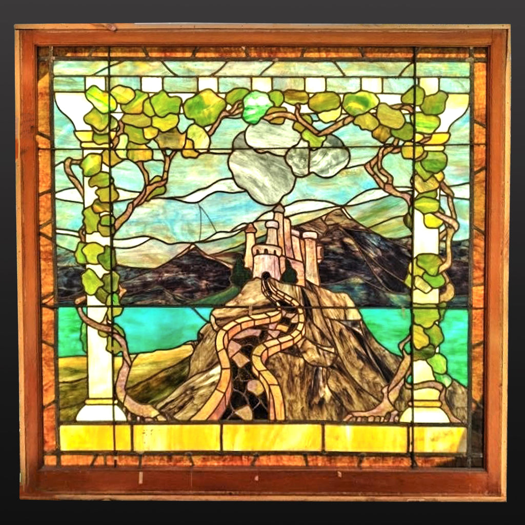 Antique Tiffany Studios Henry Keck Leaded Art Glass Monumental Landsca ...