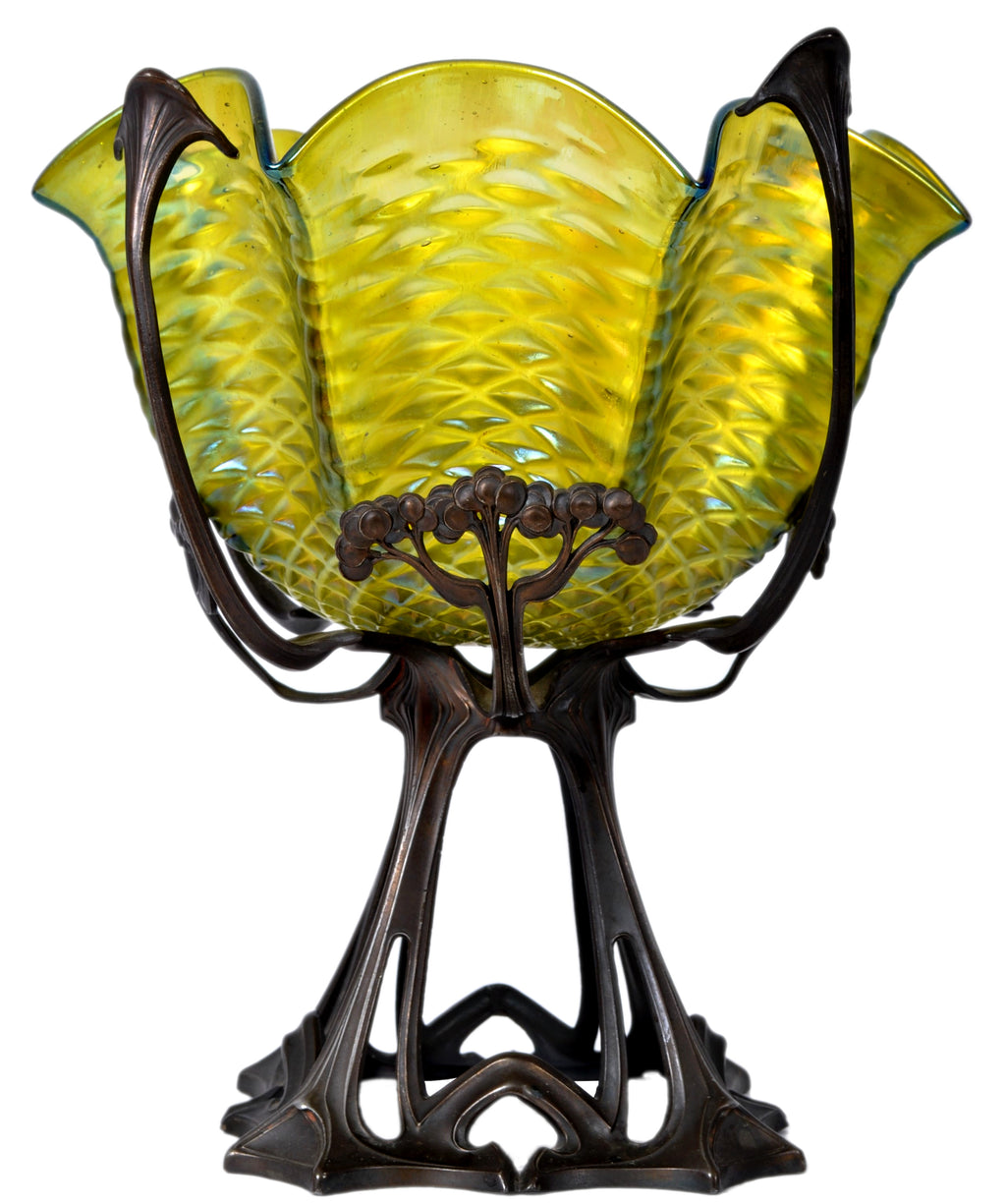 Antique Large Austrian Art Nouveau Loetz Iridescent Glass Bowl on Bron ...