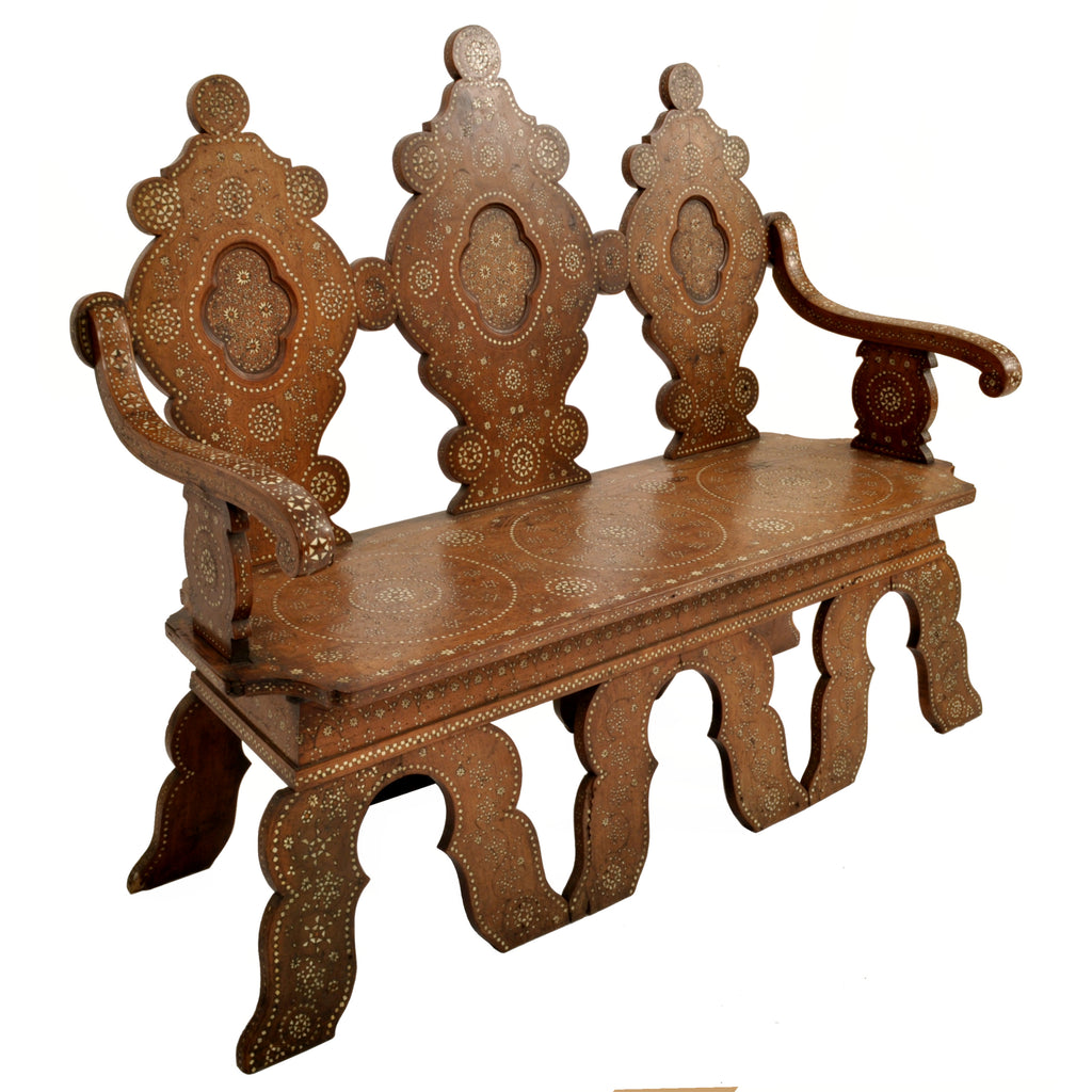 Antique Middle Eastern Syrian Islamic Moorish Inlaid Walnut Bench / Se ...
